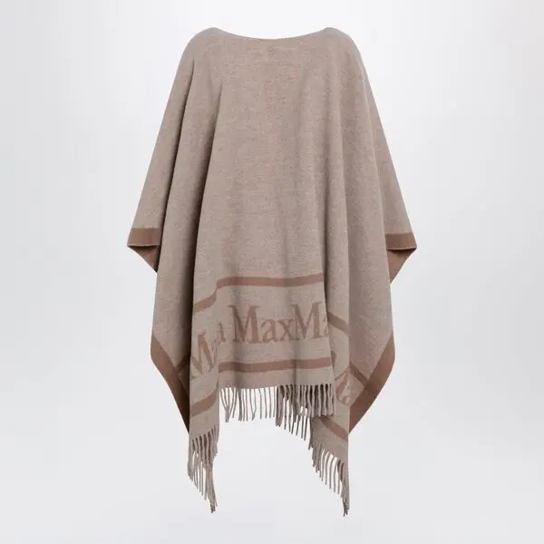 Max Mara Jacquard Poncho With Fringes In Sand-colored Wool