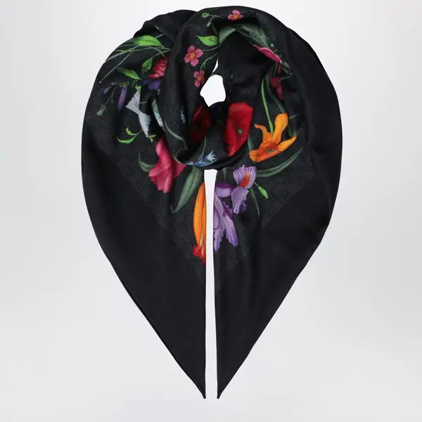 Gucci Wool And Silk Scarf With Floral Print - Black