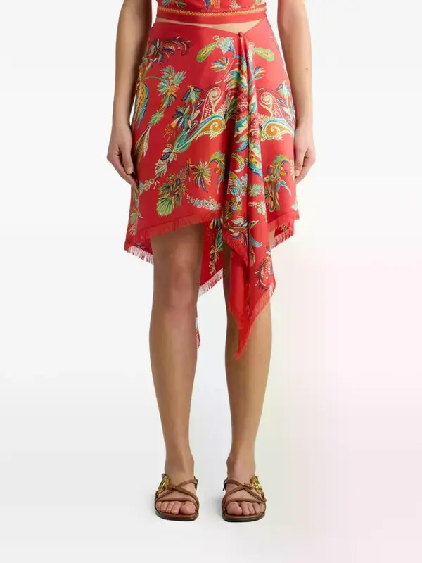 Etro Paisley-print Fringed Silk Wrap Skirt - Red