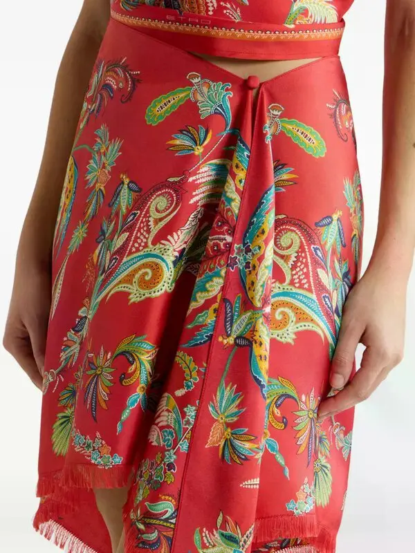 Etro Paisley-print Fringed Silk Wrap Skirt - Red