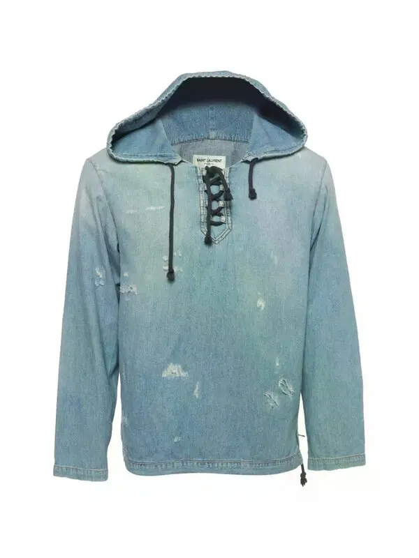 Saint Laurent Distressed Lace-up Denim Hoodie