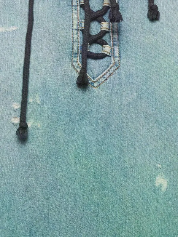 Saint Laurent Distressed Lace-up Denim Hoodie