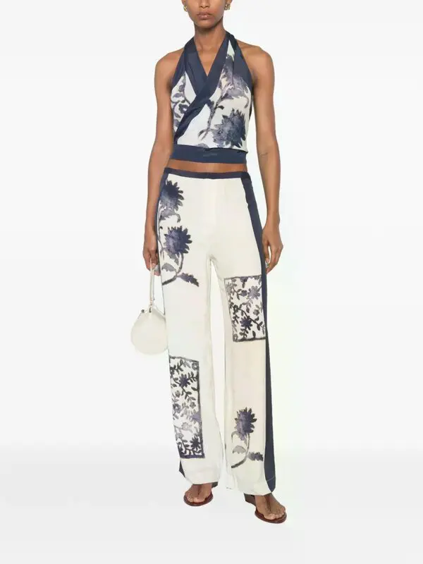 SIR. Midnight Blue Floral Print Patchwork Wide-leg Trousers - Neutrals