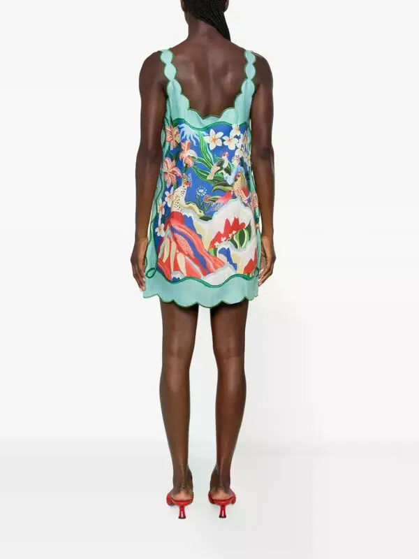 Farm Rio Scalloped-trim Graphic-print Mini Dress - Blue