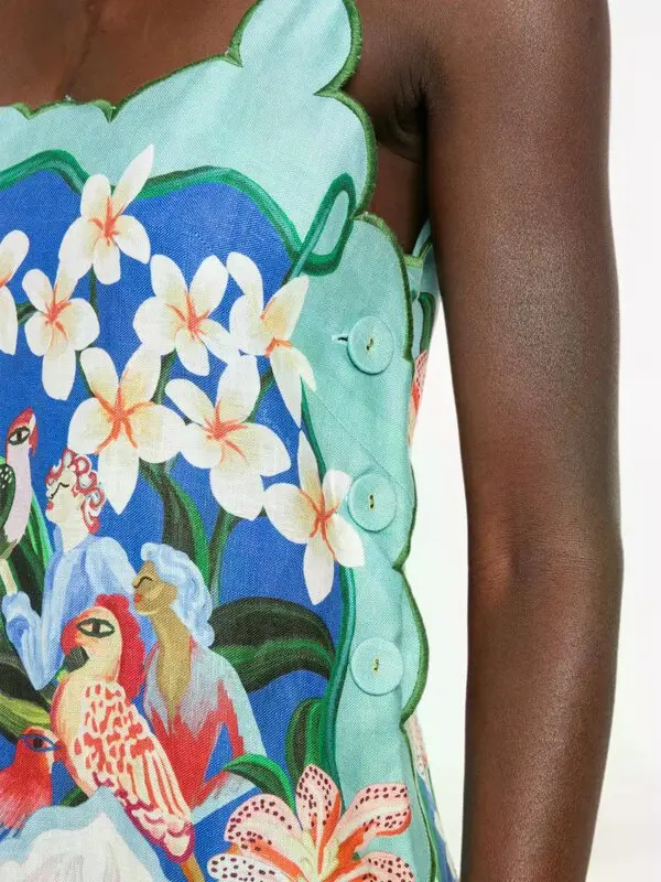 Farm Rio Scalloped-trim Graphic-print Mini Dress - Blue
