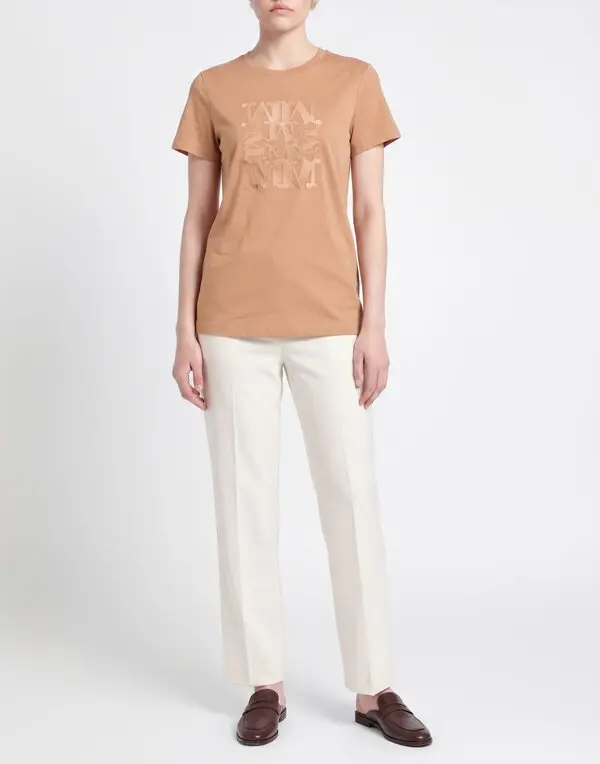 Max Mara Embroidered Logo Cotton T-shirt - Beige
