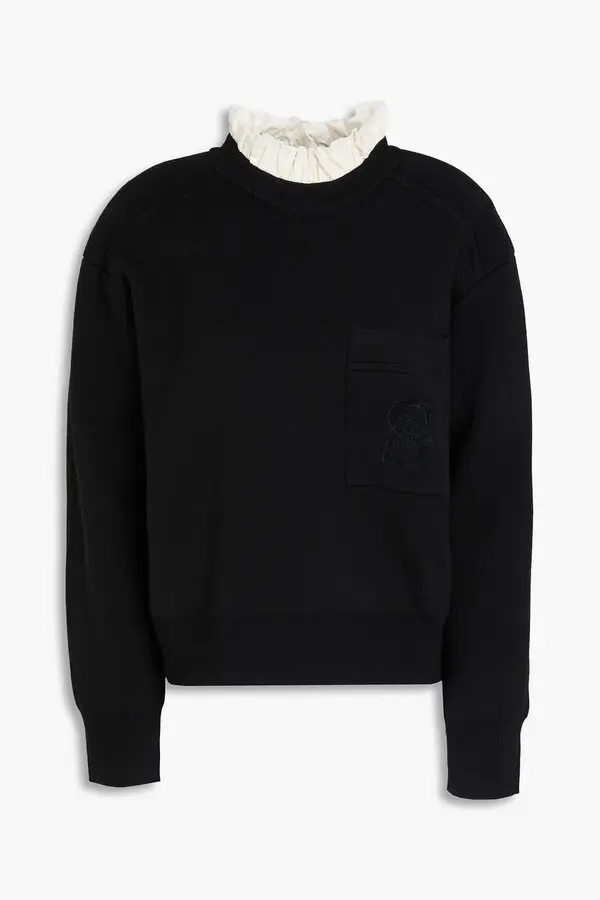Sandro Ruffled Poplintrimmed Knitted Sweater - Black