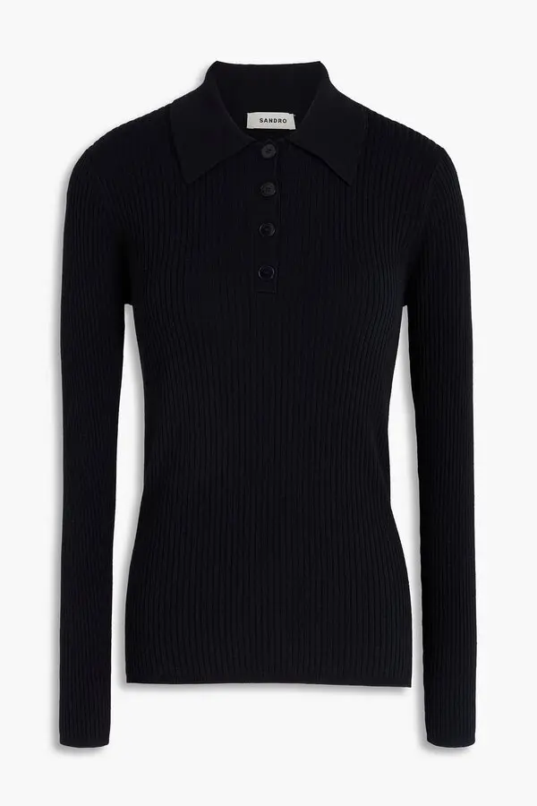 Sandro Ribbedknit Polo Shirt - Navy