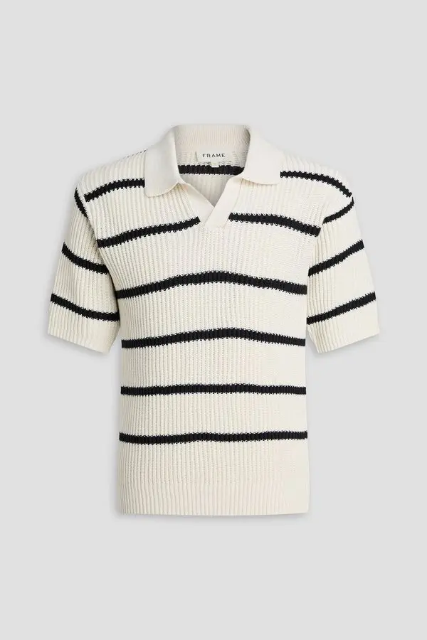 FRAME Striped Ribbed Cotton And Silkblend Polo Shirt - Ivory