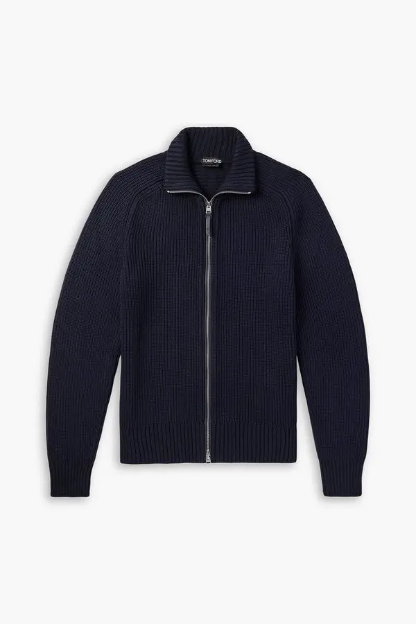 TOM FORD Slim-fit Ribbed Silk And Merino Wool-blend Cardigan - Navy