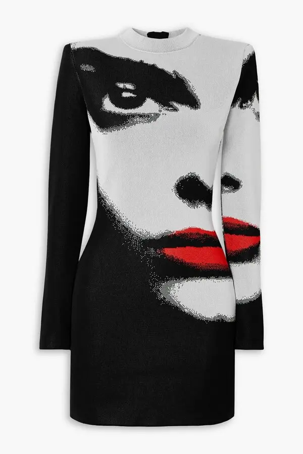 Balmain Printed Jacquardknit Mini Dress - Black