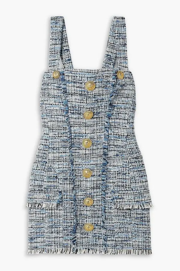 Balmain Buttonembellished Frayed Cottonblend Tweed Mini Dress - Light Blue
