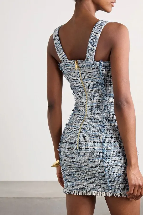 Balmain Buttonembellished Frayed Cottonblend Tweed Mini Dress