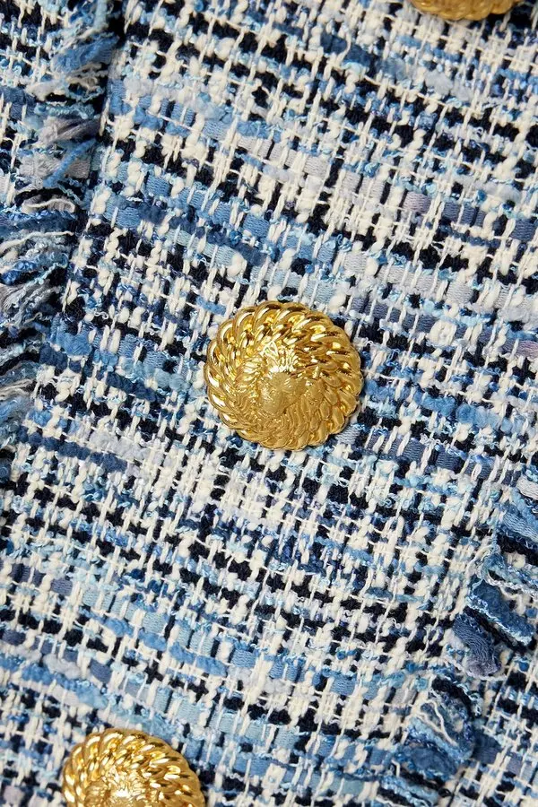 Balmain Buttonembellished Frayed Cottonblend Tweed Mini Dress