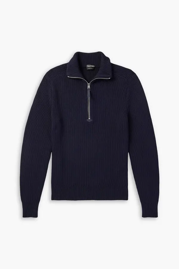 TOM FORD Slimfit Ribbed Silk And Woolblend Halfzip Sweater - Navy