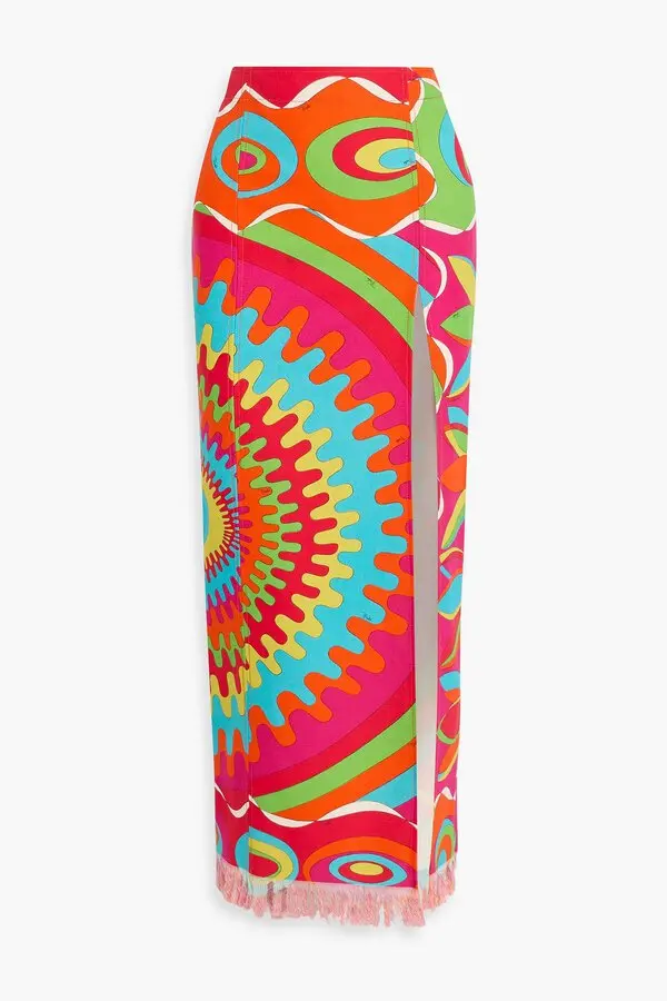 Emilio Pucci Frayed Printed Denim Maxi Skirt - Orange