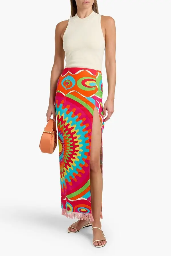 Emilio Pucci Frayed Printed Denim Maxi Skirt