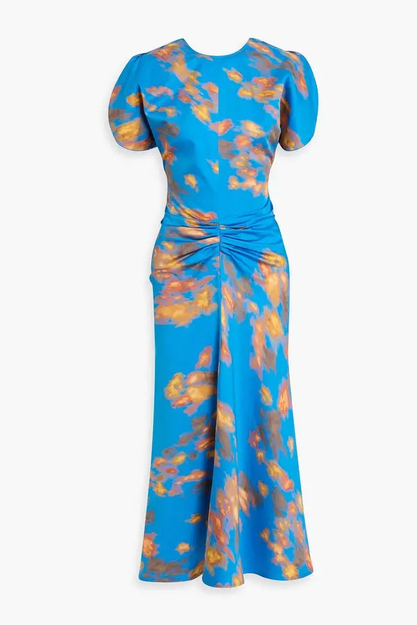 Victoria Beckham Gathered Printed Cottonpoplin Maxi Dress