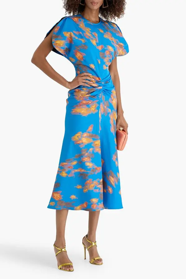 Victoria Beckham Gathered Printed Cottonpoplin Maxi Dress