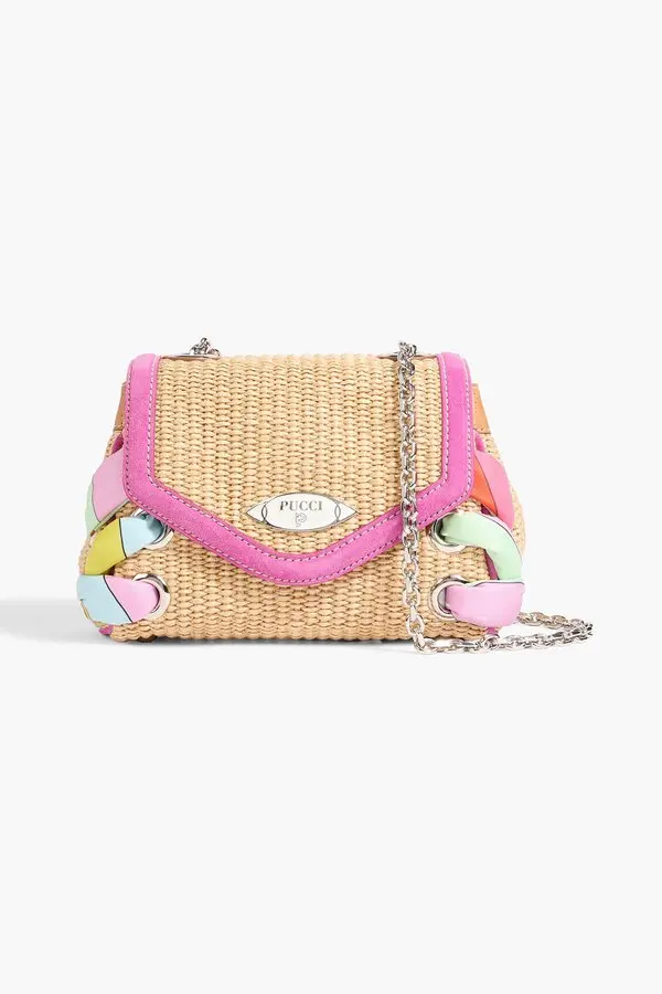 Emilio Pucci Tressage Suede Trimmed Faux Raffia Shoulder Bag - Neutral