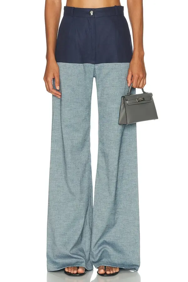 Matthew Bruch High Waist Combo Wide Leg Trousers - Navy