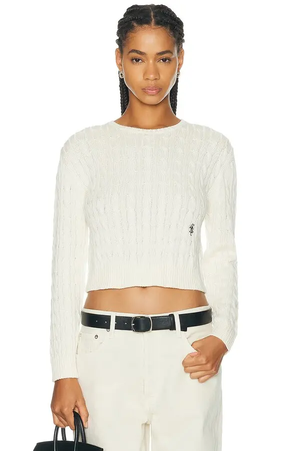 SPORTY & RICH Signature Logo Cable Knit Sweater - Ecru