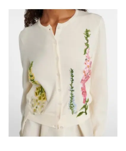 Oscar De La Renta Foxgloves Embroidered Virgin Wool Cardigan