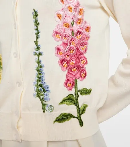 Oscar De La Renta Foxgloves Embroidered Virgin Wool Cardigan