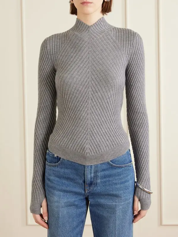 Victoria Beckham Georgia Ribbed Merino Wool Sweater - Grey