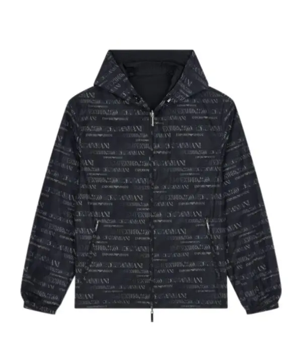 Emporio Armani Hooded Blouson Jacket With All-over Print - Blue