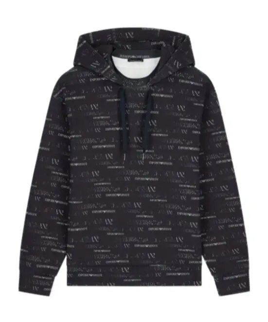 Emporio Armani Double Jersey Hoodie With All-over Logo Print - Blue