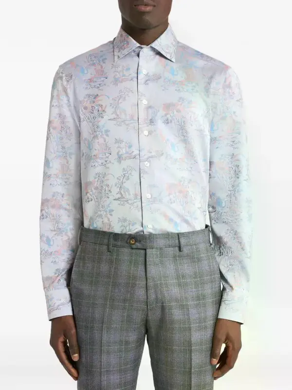 Etro Cotton Jacquard Shirt With Flower And Animal Motif - Blue