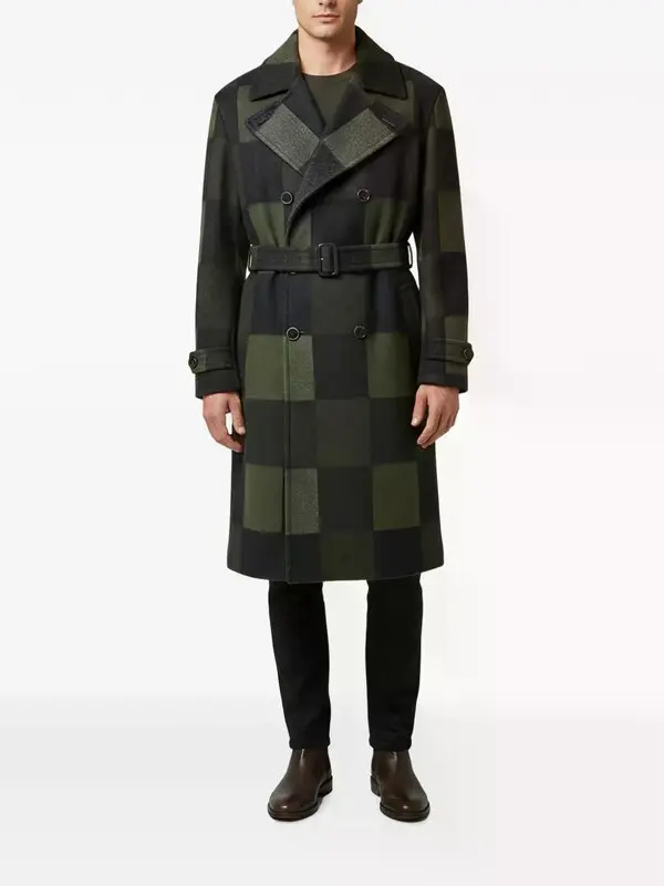 FERRAGAMO Double-breasted Check Wool Coat - Green