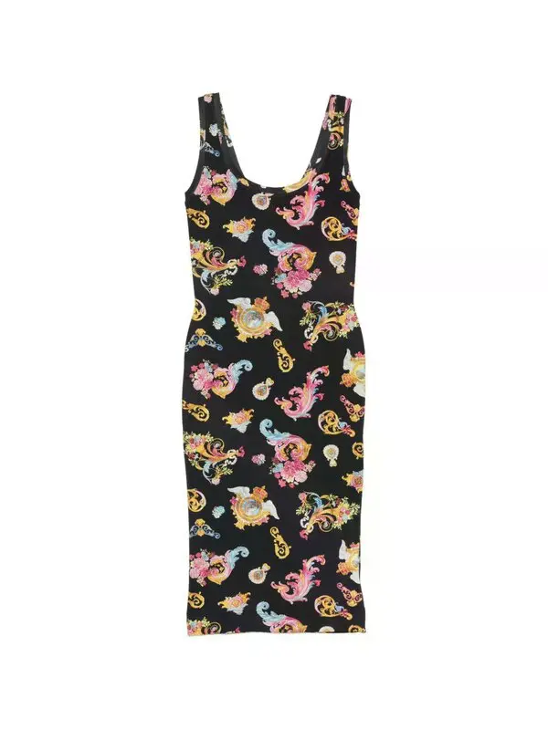 Versace Baroque Print Sleeveless Midi Dress - Black