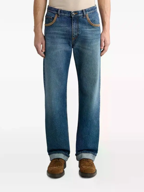 Etro Straight-leg Cotton Denim Jeans With Geometric Pattern Detail