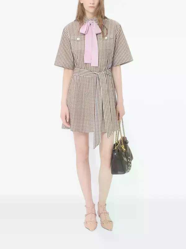 Valentino Garavani Vichy Cotton Short Dress With Integrated Scarf - Brown
