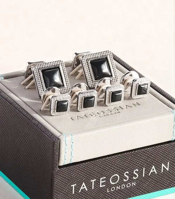 Tateossian Metal And Hematite Duo Cabochon Cufflinks And Studs Set