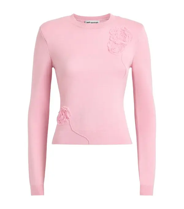 SELF-PORTRAIT Floral Appliqué Fine Knit Sweater