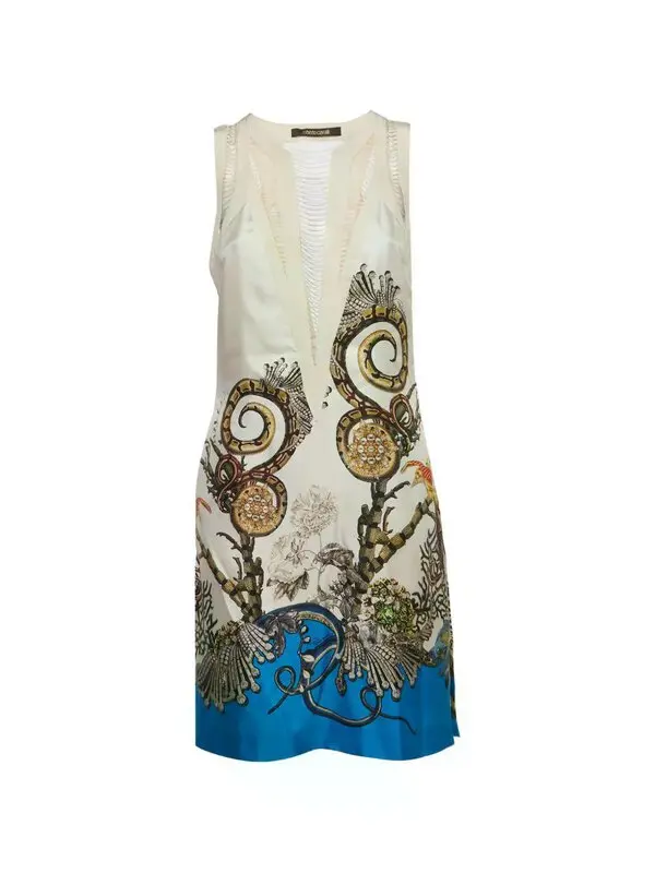 Roberto Cavalli Floral Print Snake Motif Mini Dress - Neutrals