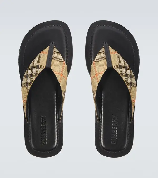 Burberry Check Leather-trimmed Thong Sandals