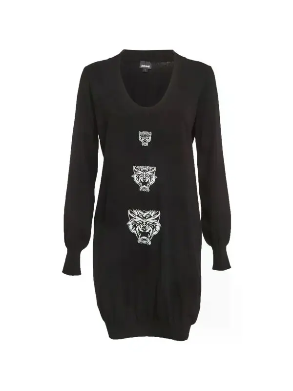 Just Cavalli Logo Intarsia Knit Mini Sweater Dress - Black