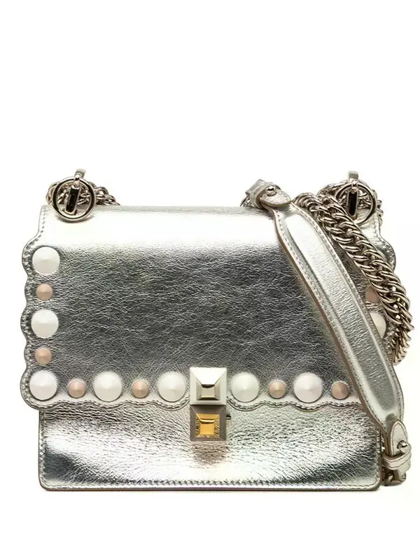 Fendi Mini Kan I Scalloped Metallic Leather Crossbody Bag With Pearl Embellishments - Silver