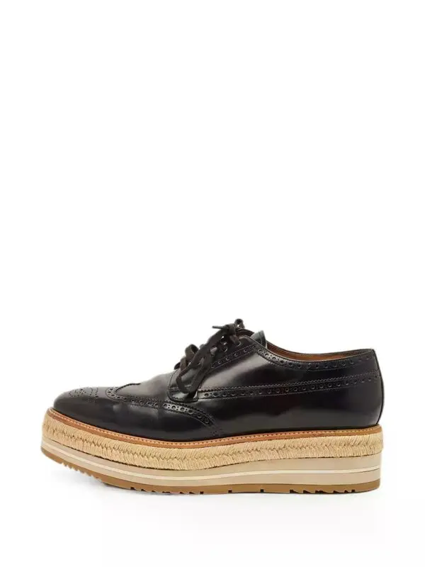 Prada Leather Perforated Espadrille Brogue Derby Shoes - Black