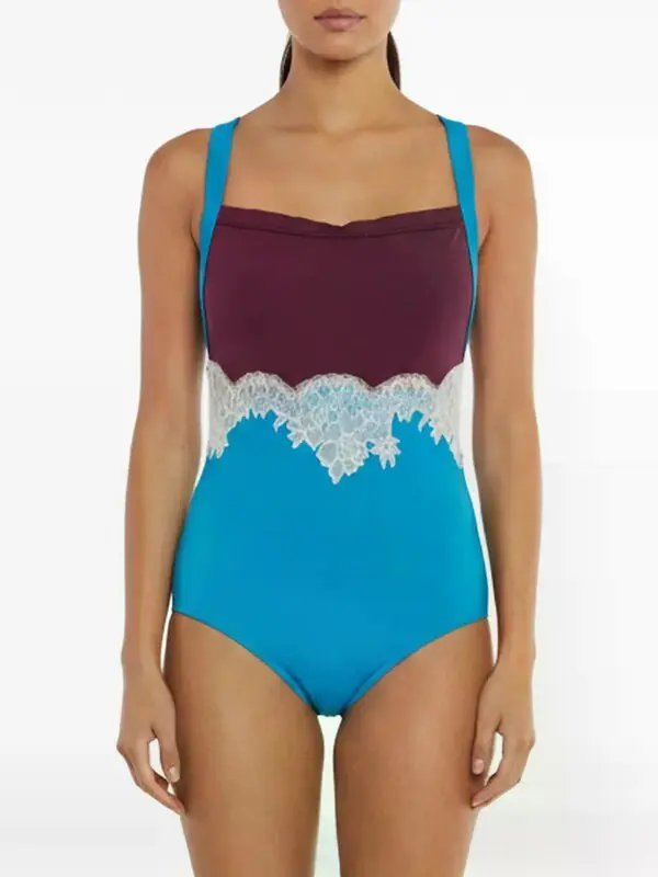 Valentino Garavani Lace Trim Colorblock Swimsuit - Blue