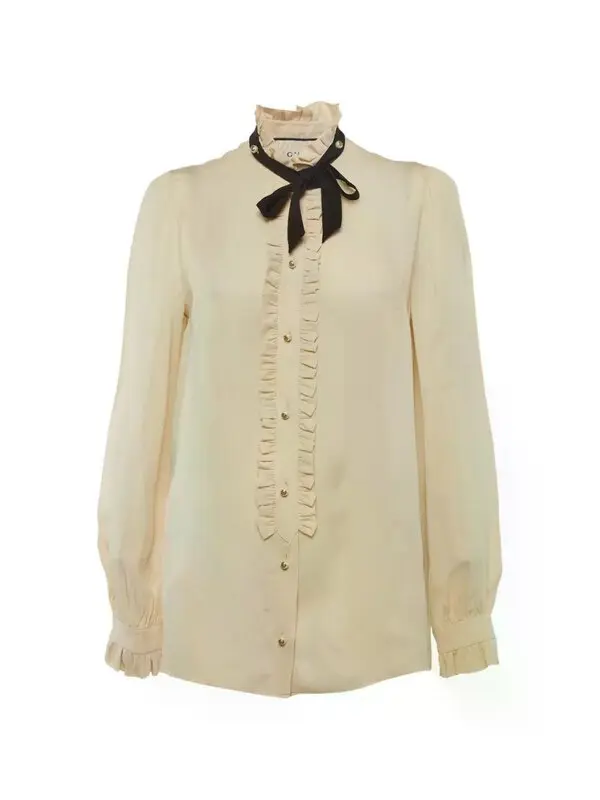 Gucci Silk Ruffle Trim Neck Tie Shirt