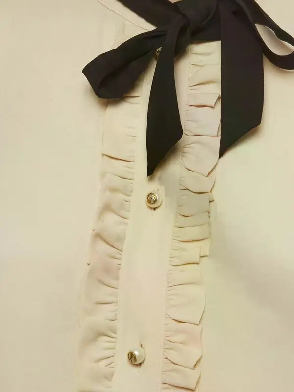 Gucci Silk Ruffle Trim Neck Tie Shirt
