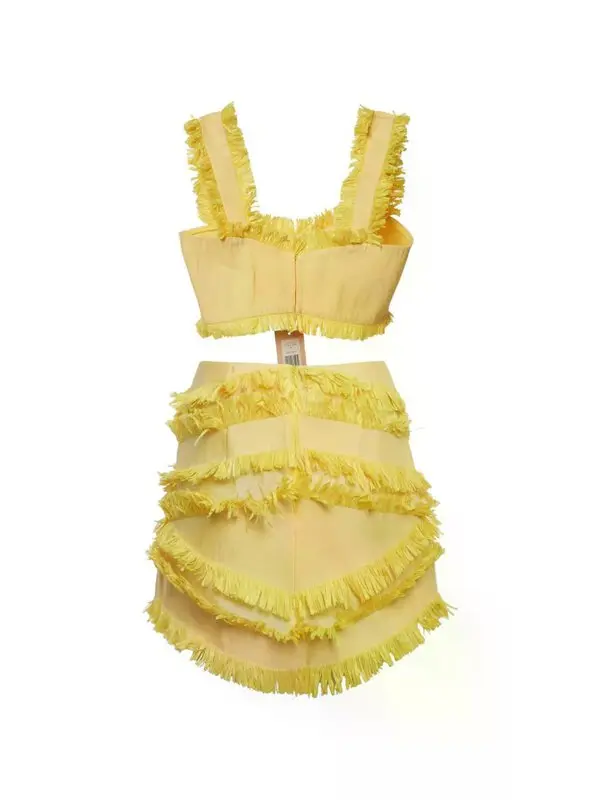 Alexis Fringed Raffia-effect Top And Skirt Set - Yellow