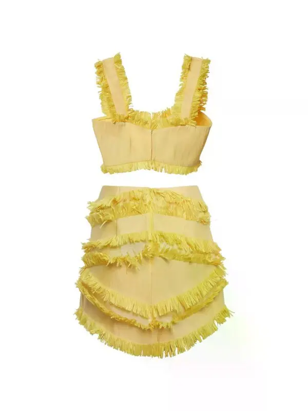 Alexis Fringed Raffia-effect Top And Skirt Set - Yellow