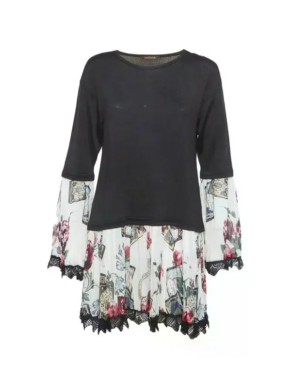 Roberto Cavalli Plissé Knit Floral Mini Dress - Black