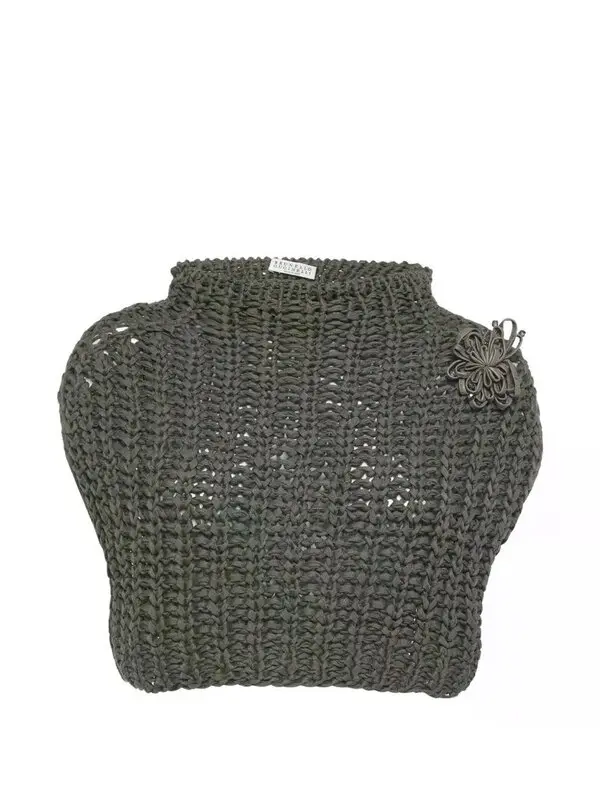 Brunello Cucinelli Crochet Floral Appliqué High Neck Sweater - Grey
